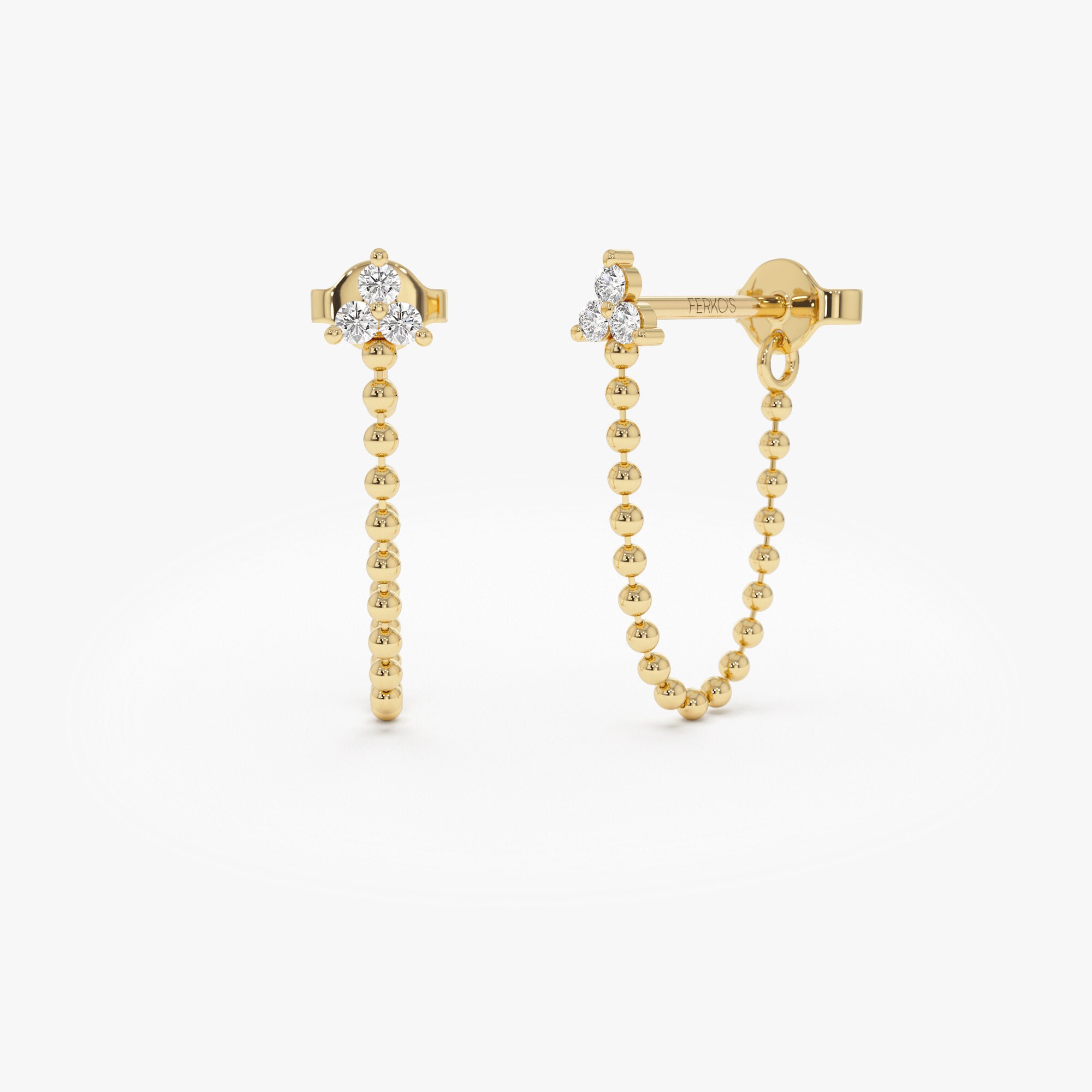 14K Trio Diamond Earring, Gold Beaded Chain Earring Studs, Minimalist ...
