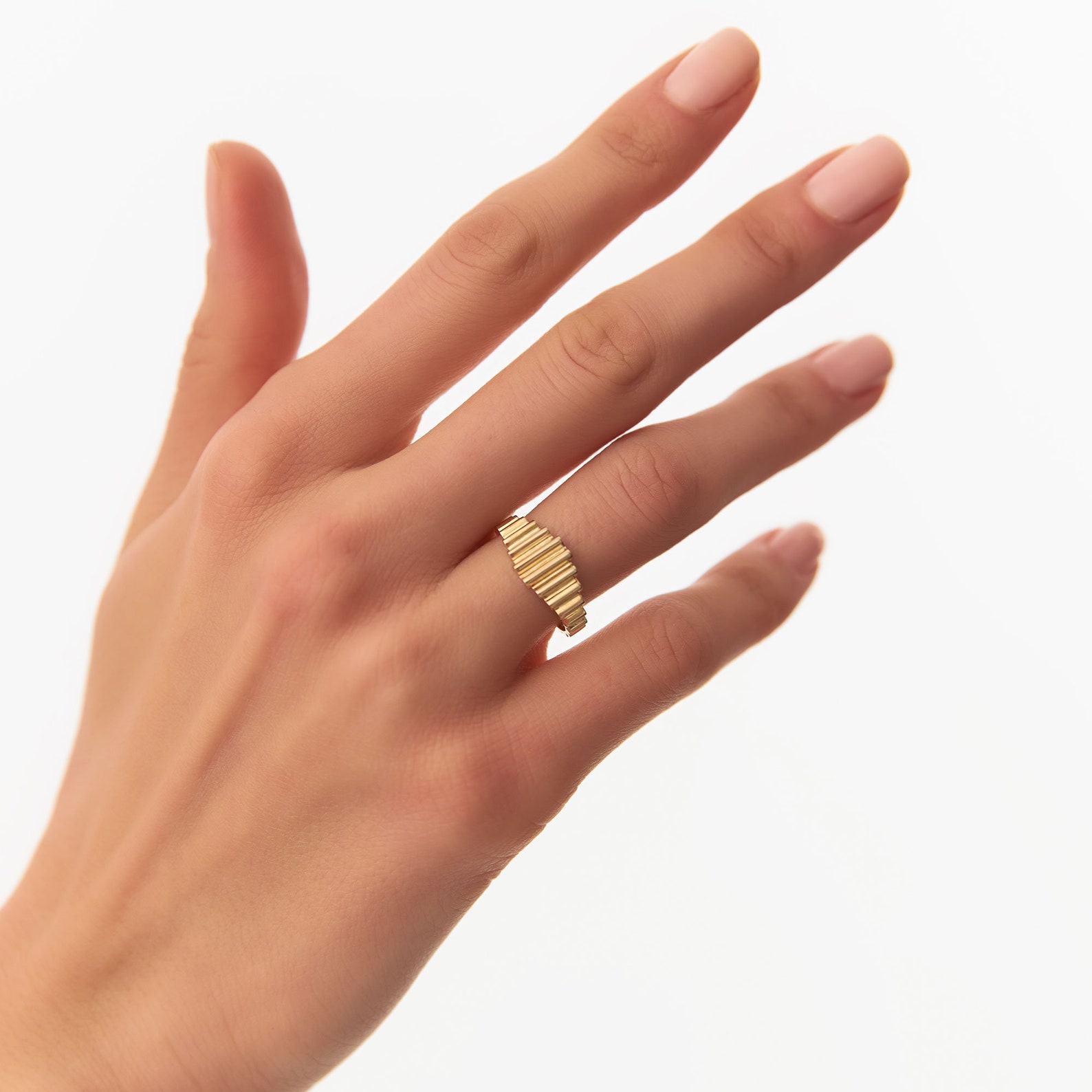 14k Bold Gold Ring, 14K Fluted Graduating Statement Ring, Art Deco ...