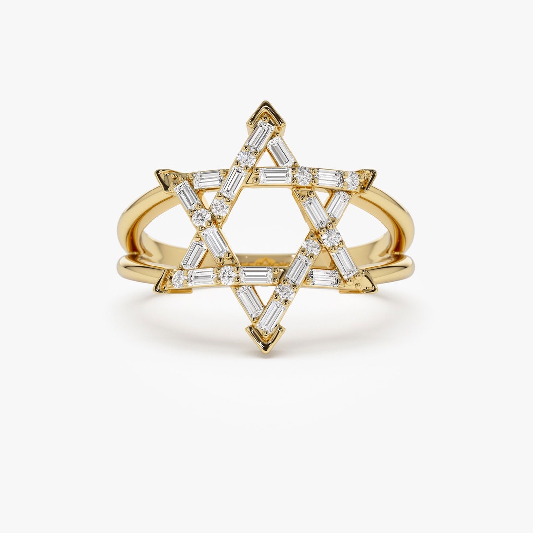 Star of David Ring / 14k Gold Diamond Star of David Ring / Baguette ...