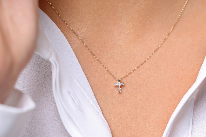 Mini Diamond Cross Necklace / 14k Baguette Diamond Tiny Cross Necklace ...