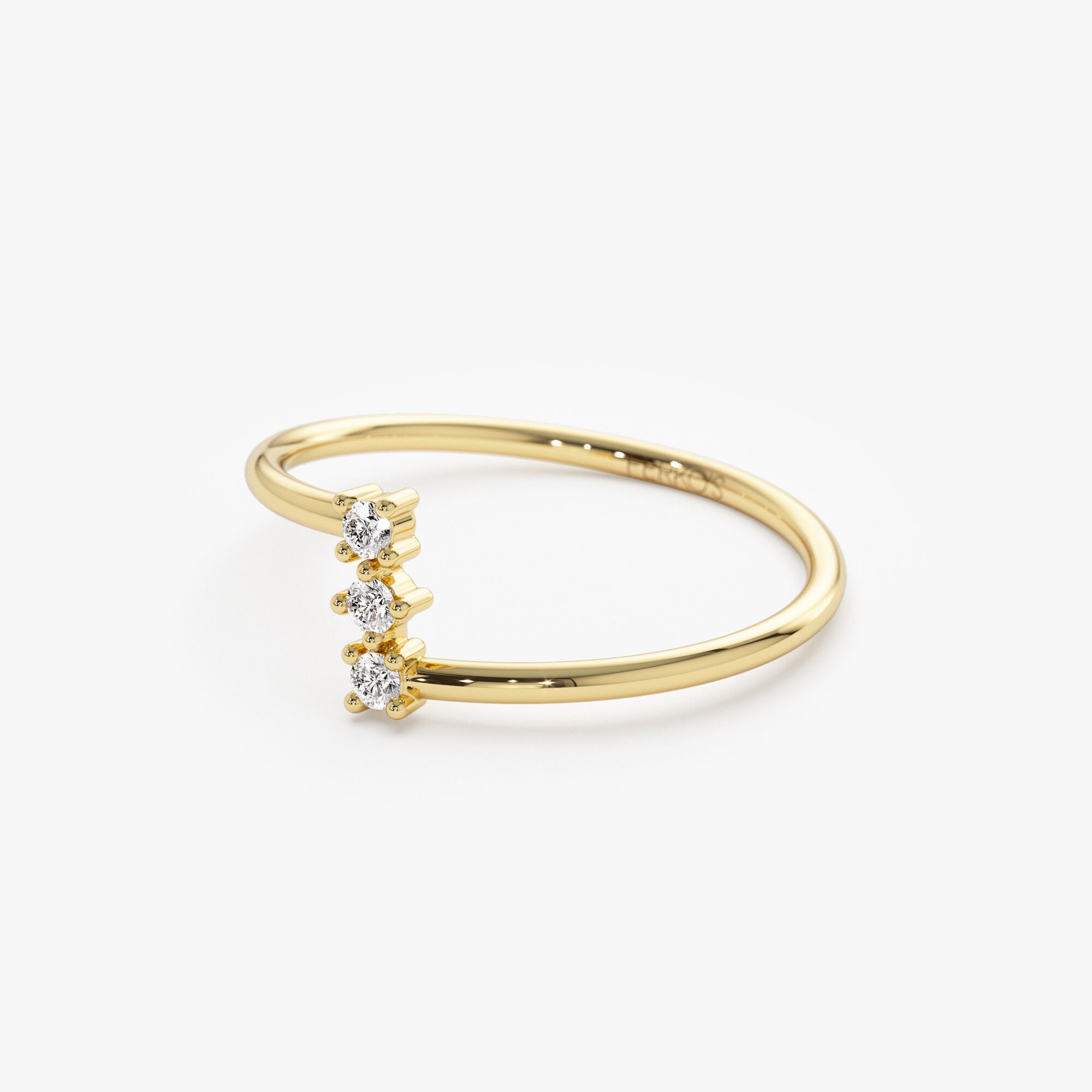 14k Gold Vertical Three Stone Natural Diamond Ring / Bypass Diamond ...