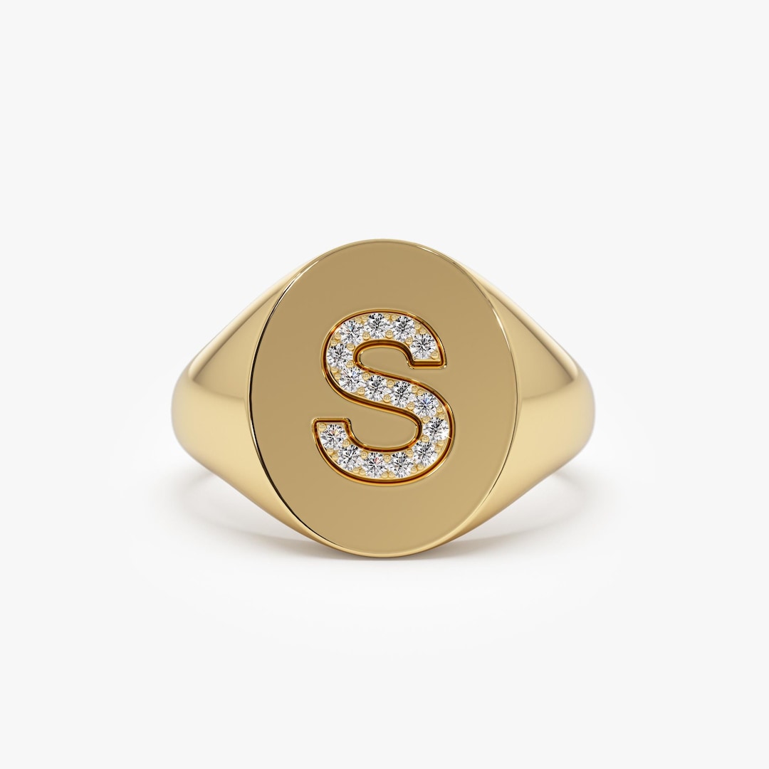 Diamond Initial Signet Ring, 14K Gold Personalized Oval Shape Diamond ...
