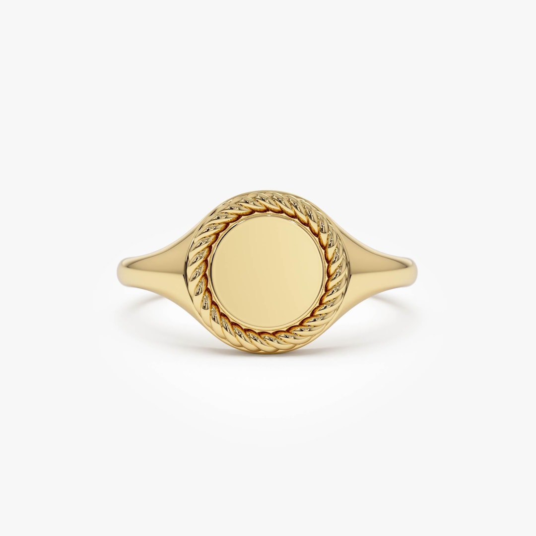 14K Rope Border Oval Signet Ring, Solid Gold Minimalist Signet Band, Personalized Engravable ...