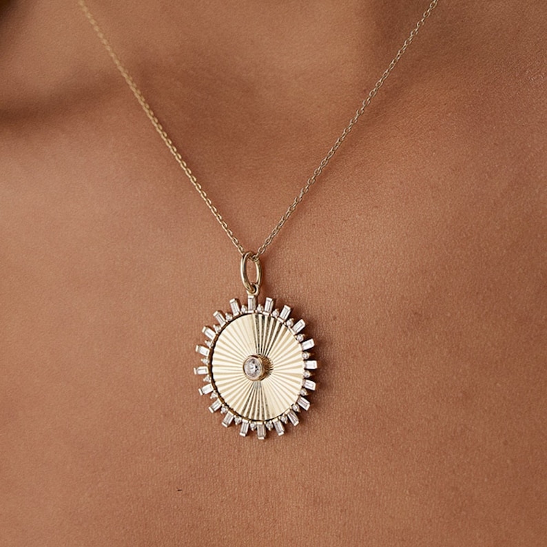 Unique Diamond Necklace / Baguette Diamond Charm Necklace in 14k Gold 0 ...