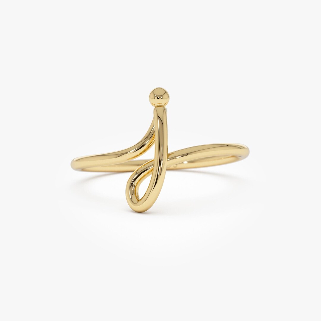 14K Solid Gold Script Initial Ring, Minimalist Wire Handwriting Ring ...