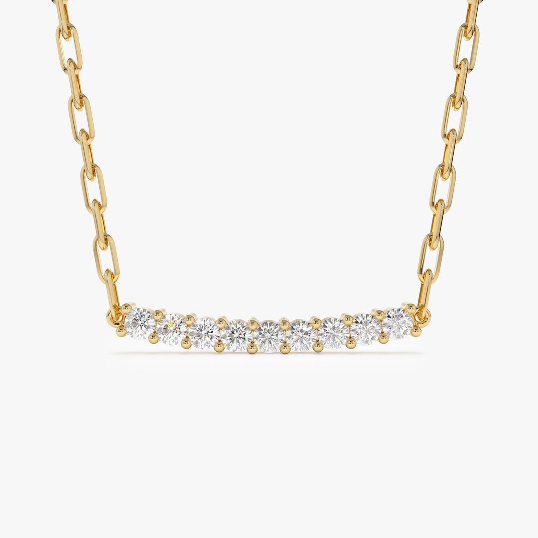 Diamond Bar Necklace, 14k Curved Diamond Paperclip Necklace, Gold ...