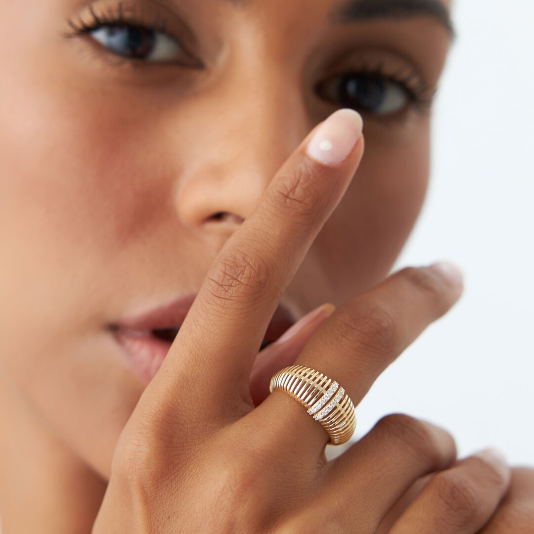 Statement Diamond Ring, 14K Gold Ribbed Dome Diamond Ring, Stacking Band, Unique Two Row Diamond ...