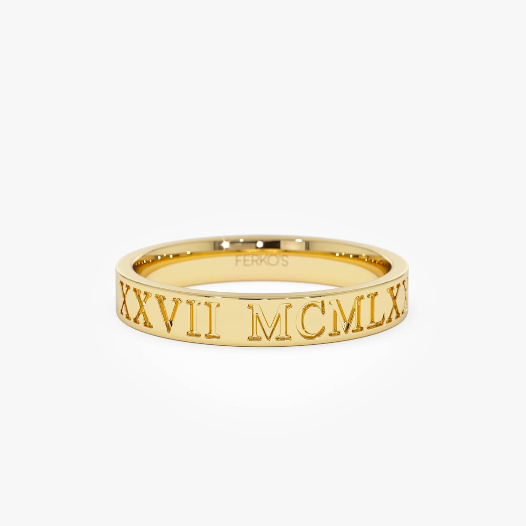 Custom Roman Numeral Ring, 14k Solid Gold Engraved Roman Numeral Date ...