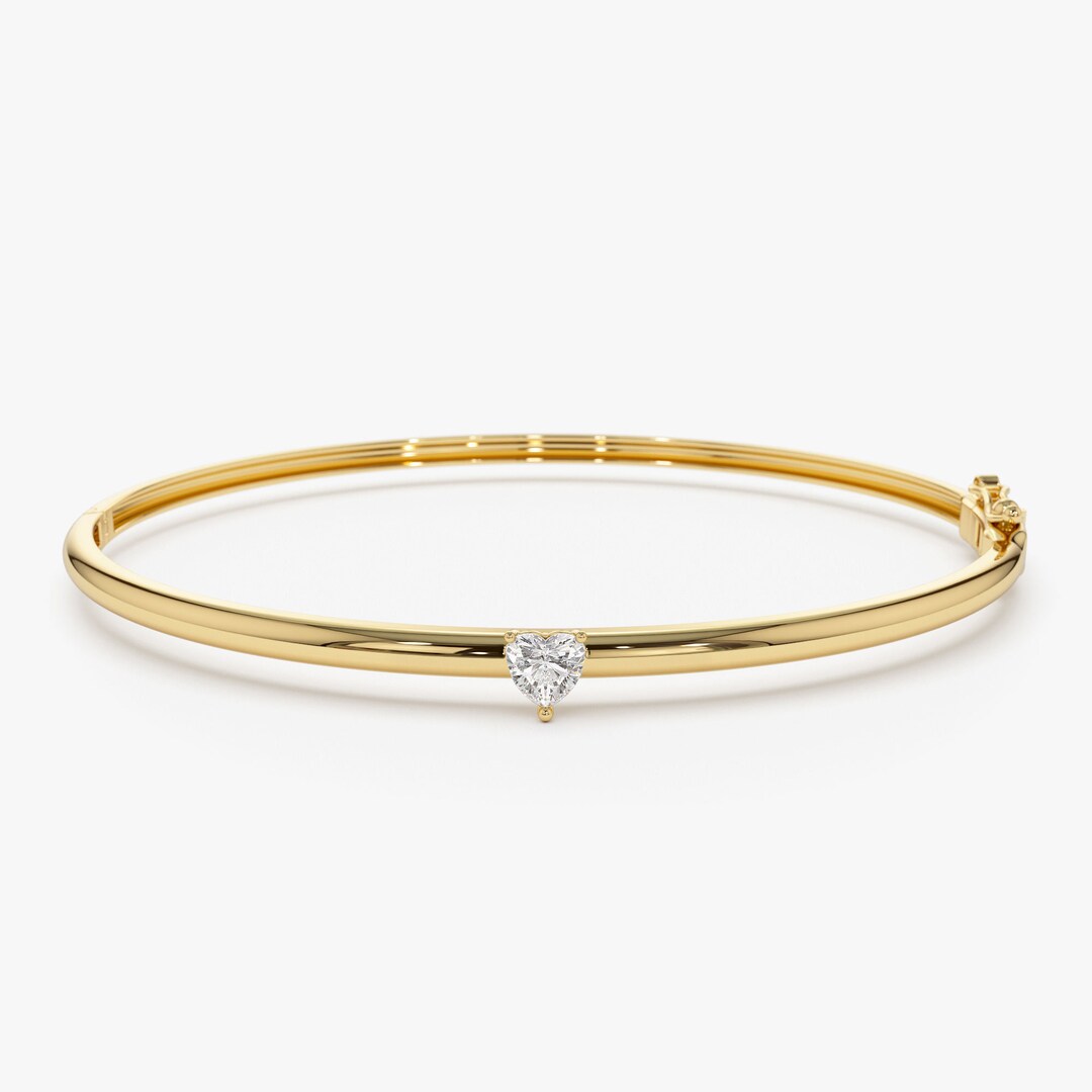 Heart Shape Solitaire Bracelet, 14k Gold Diamond Bangle Bracelet, Heart ...