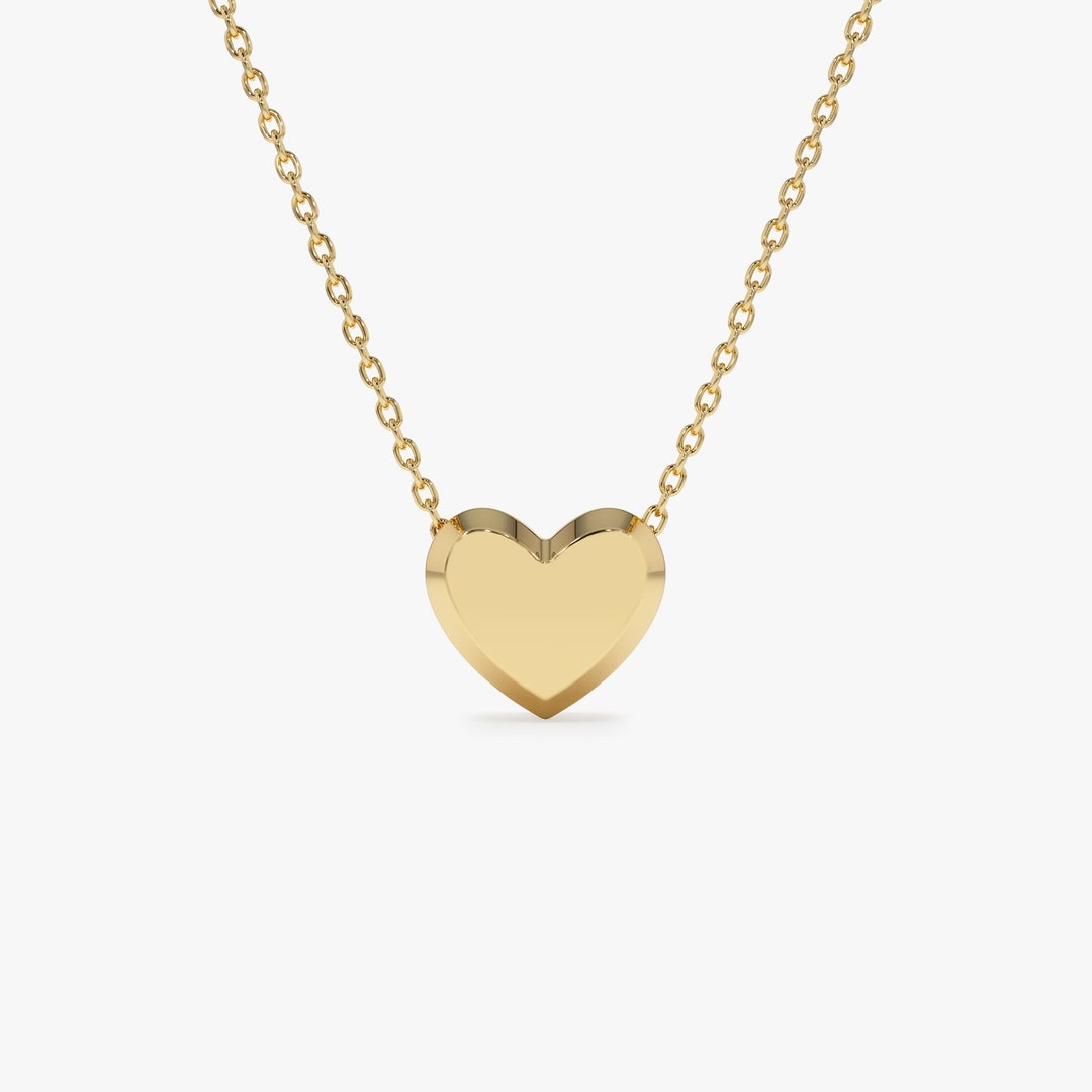 14k Gold Heart Necklace Puffed Heart Slider Pendant / Love Charm ...