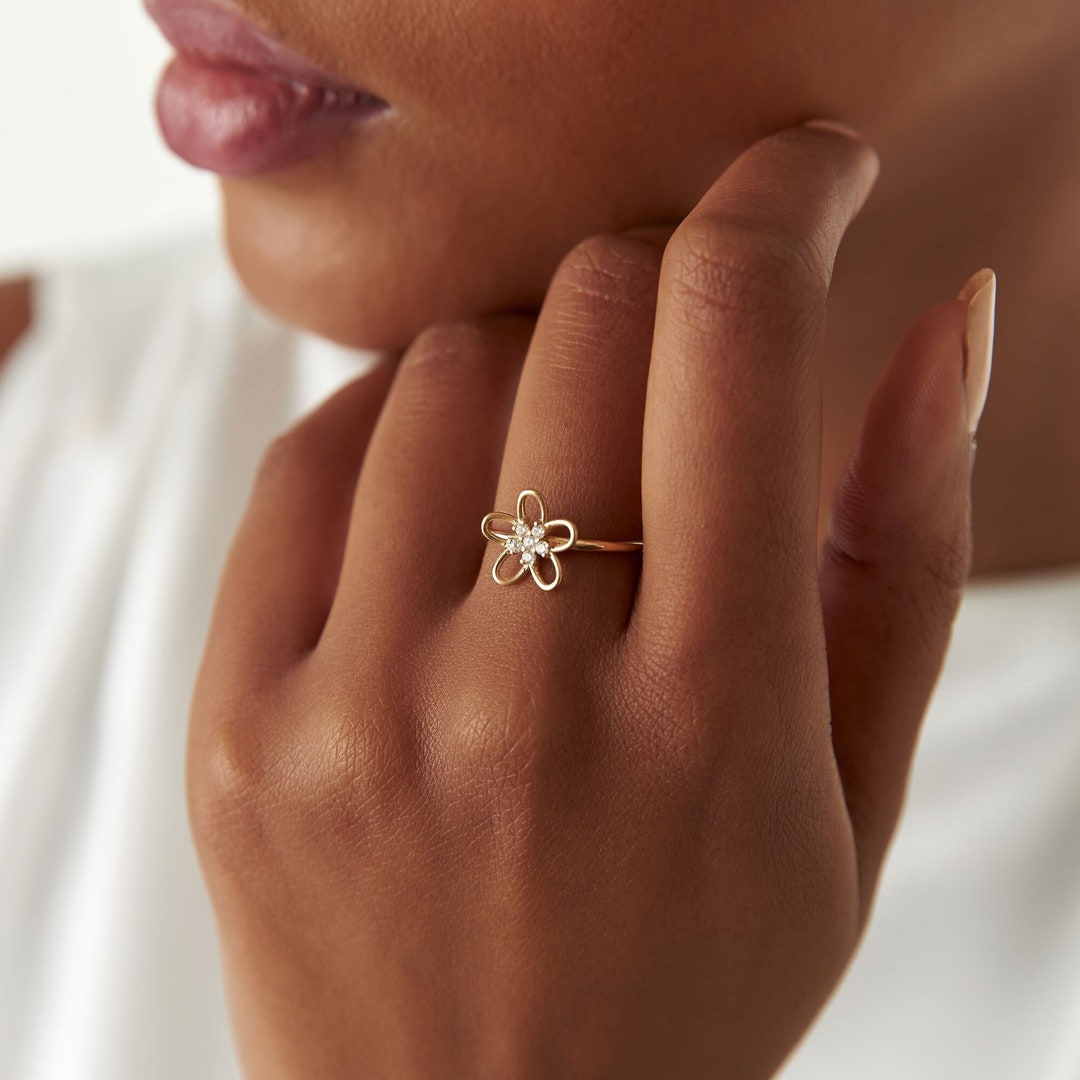 Diamond Flower Ring 14k Gold / Gold Open Flower Ring / Unique Design ...