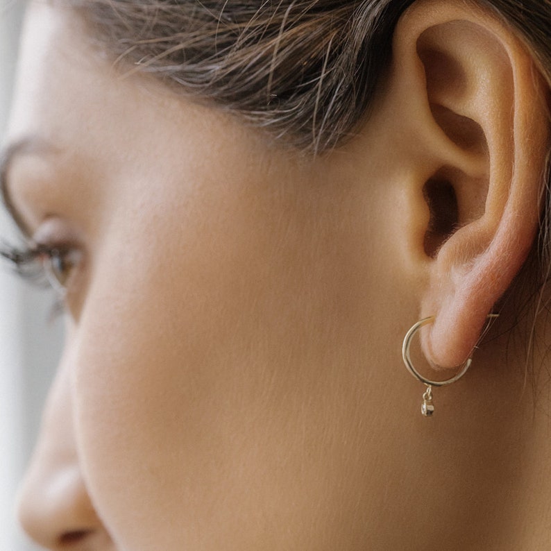 14k Gold Hoop With Dangling Diamond / Bezel Setting Dangling - Etsy