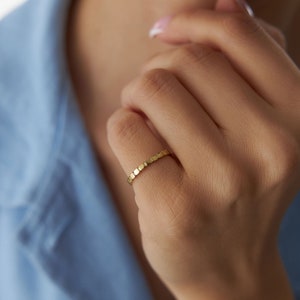 14K Gold Geometric Stackable Ring, Thin Gold Square Ribbed Stacking ...
