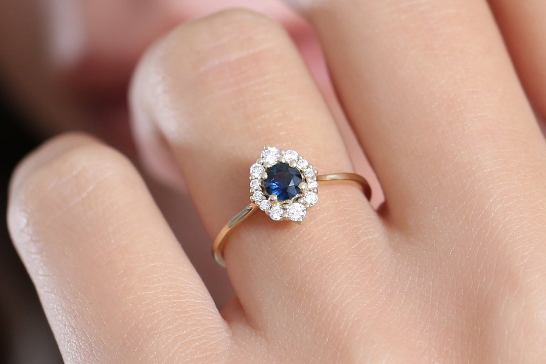 Sapphire Ring / 14k Gold Round Sapphire Halo Wedding Ring / - Etsy