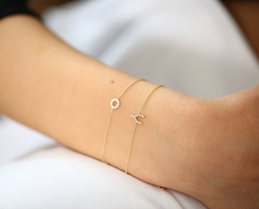 14K Solid Gold Diamond Wishbone Charm Bracelet Thin Gold Chain / Made ...