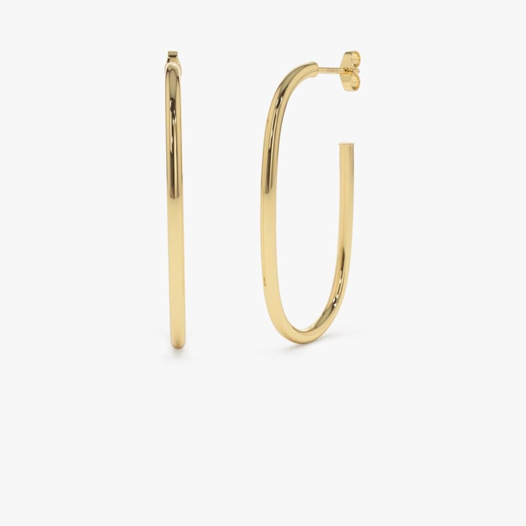 Gold Earrings / 14k Gold Long Rectangle Tube Hoop Earrings / Statement ...