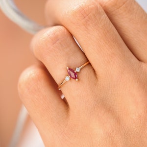 14k Stackable Natural Ruby Ring / Marquise Ruby Ring and Diamond Ring / Dainty Ruby Ring ...