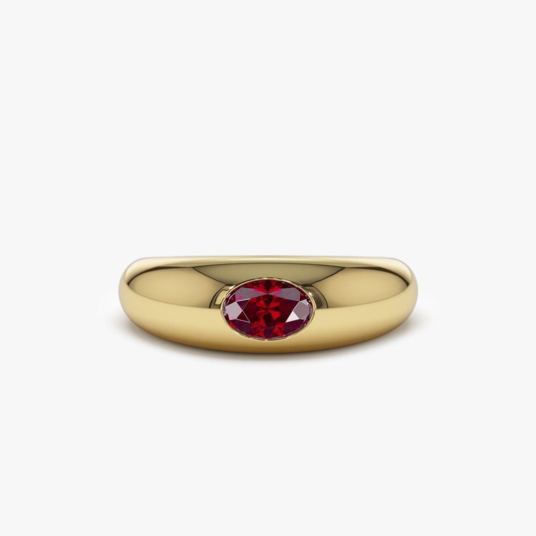 Natural Ruby Ring 14k Gold / Flush Set Oval Ruby Dome Ring / Statement ...