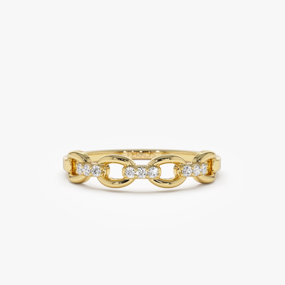 Diamond Link Ring / 14K Gold Round Cut Diamond / Cable Chain Link ...