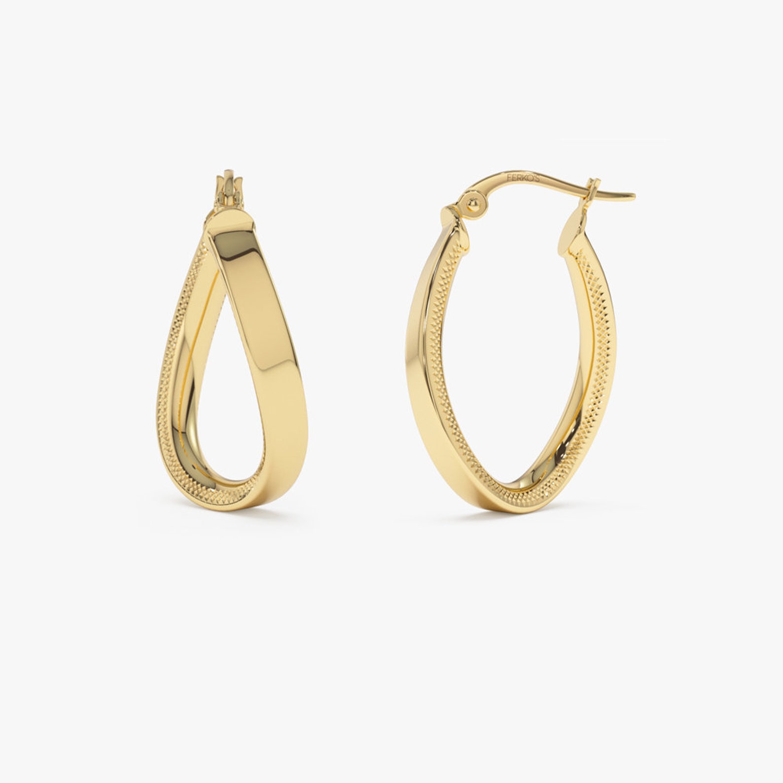 14k Gold Earring / Unique Style Latch Back Gold Hoop Earrings - Etsy
