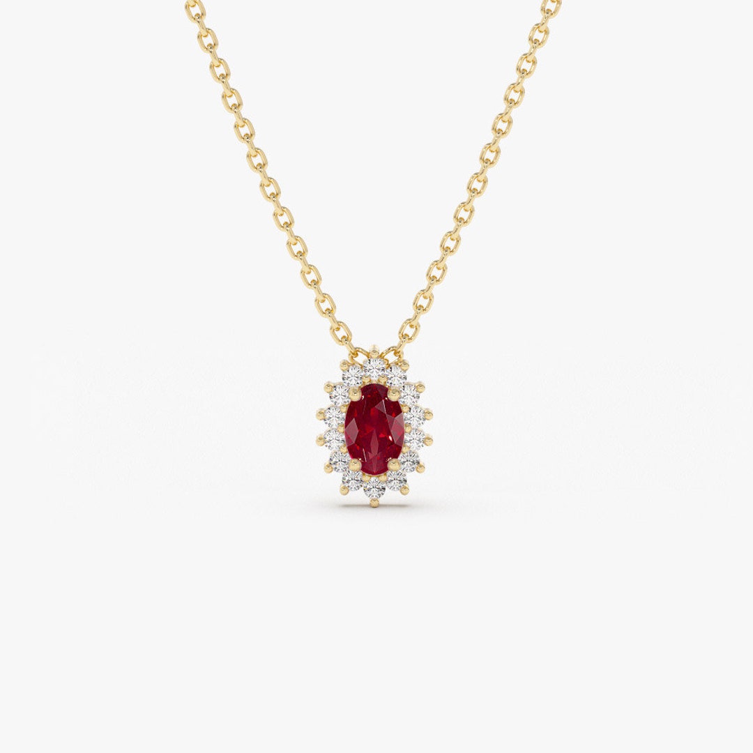 Ruby Necklace / 14k Gold Ruby Pendant With Halo Diamonds / Classic Ruby ...