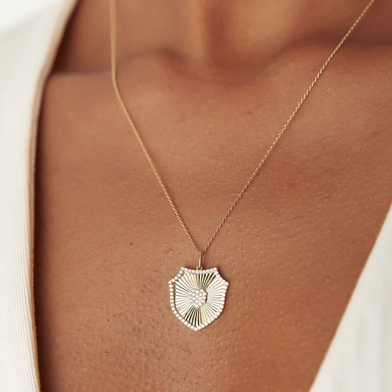 Diamond Charm / 14k Gold Diamond Shield Medallion Pendant / Sunburst ...