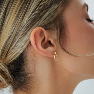 Dainty Oval Link Earrings, 14K Drop Earrings, Paperclip Push Back Earrings, Round Diamond Dangle ...