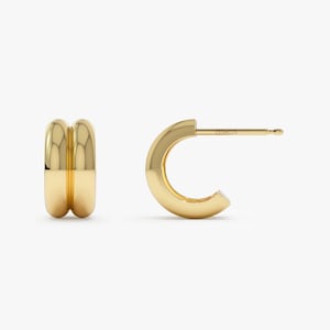 14k Gold Hoops, 14k Solid Gold Twin C Hoops, Double Gold Hoops, Unique ...