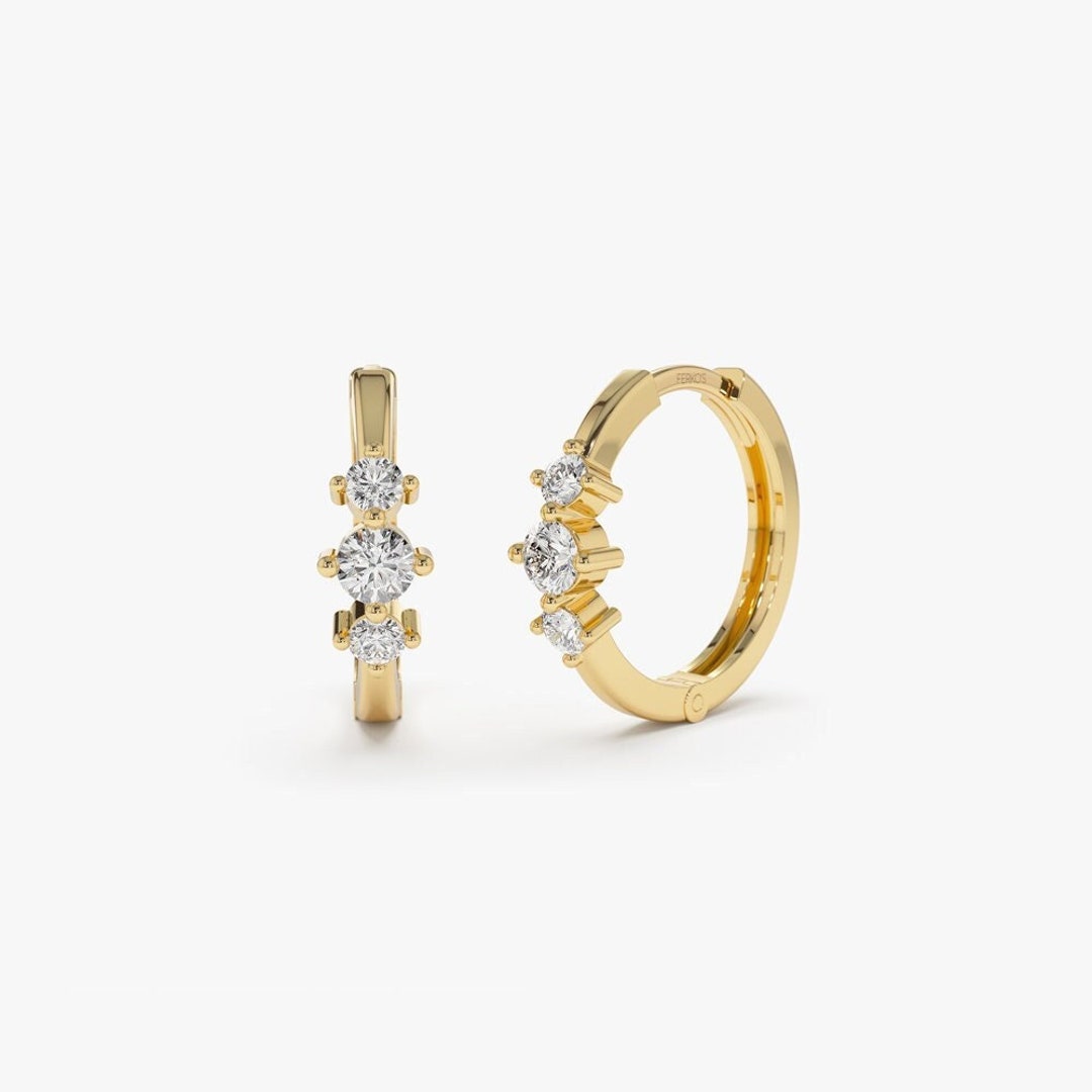 Tiny Hoop Earrings / 14k Solid Gold Three Stone Diamond Huggies ...