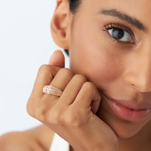 Statement Diamond Ring, 14K Gold Ribbed Dome Diamond Ring, Stacking Band, Unique Two Row Diamond ...