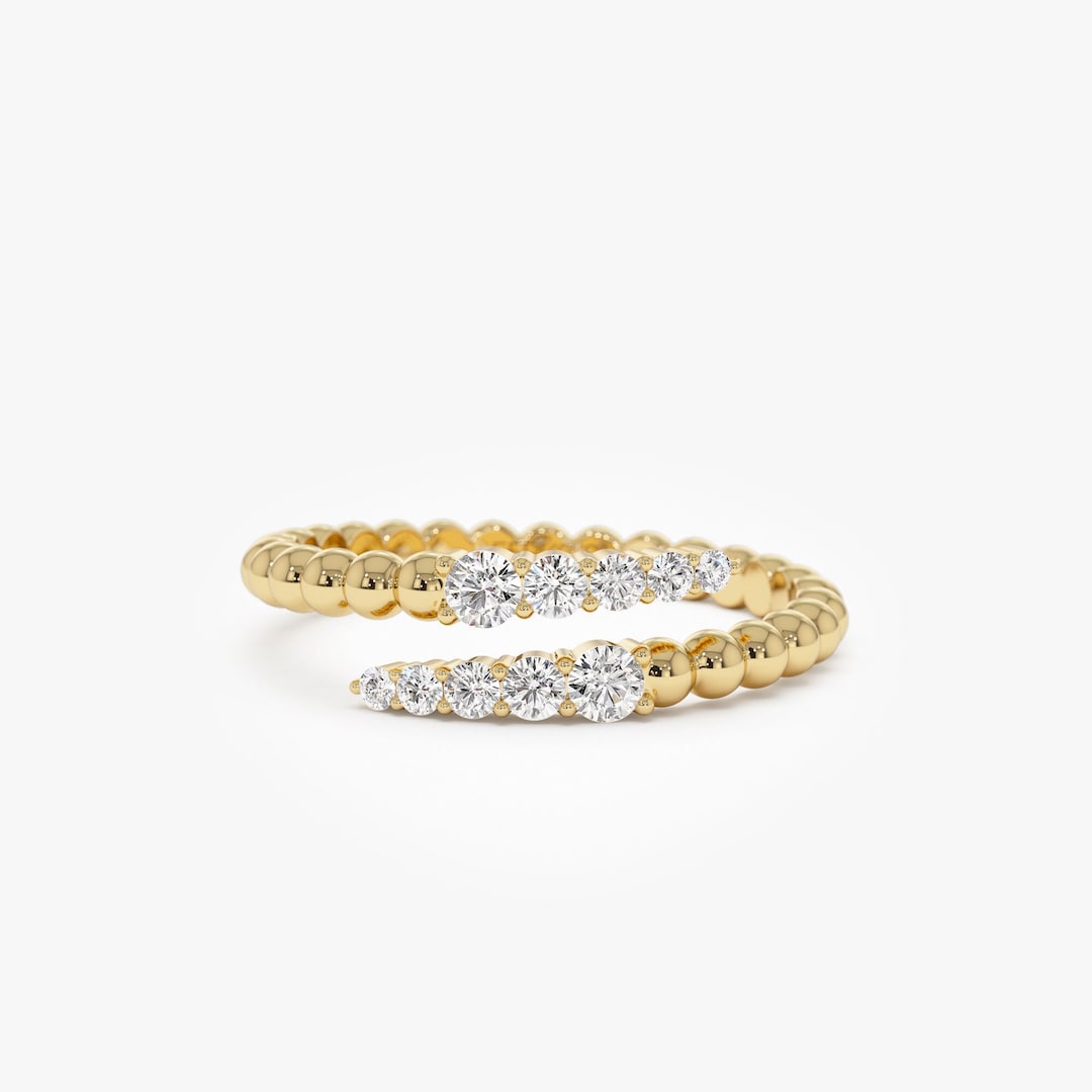 14k Gold Beaded Diamond Crossover Ring, Diamond Wrap Ring, Trendy ...