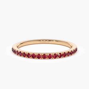 14k Solid Gold Ruby Ring / Half Eternity Ruby Ring Micro Pave Set / Stackable Natural Genuine ...