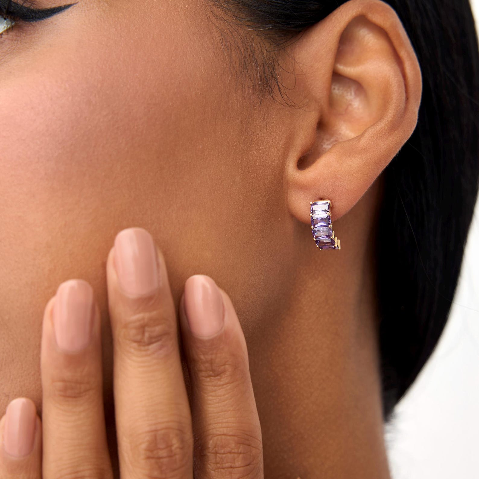 Emerald Cut Amethyst Half Hoop Earrings, 14K Solid Gold 2.80 Ctw ...