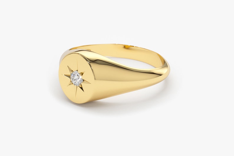 Diamond Signet Ring 14k Gold / Star Setting Diamond Signet - Etsy