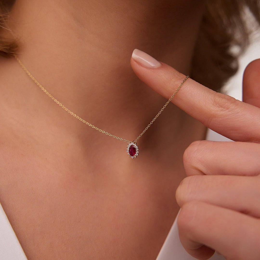 Ruby Necklace / 14k Gold Ruby Pendant With Halo Diamonds / Classic Ruby ...