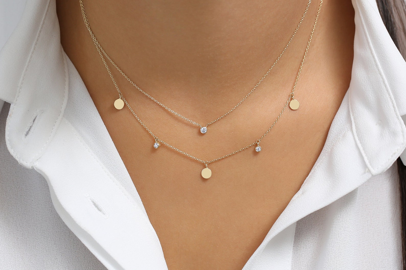 Dangling Diamond Necklace With Dangling Gold Disc in 14k Solid - Etsy