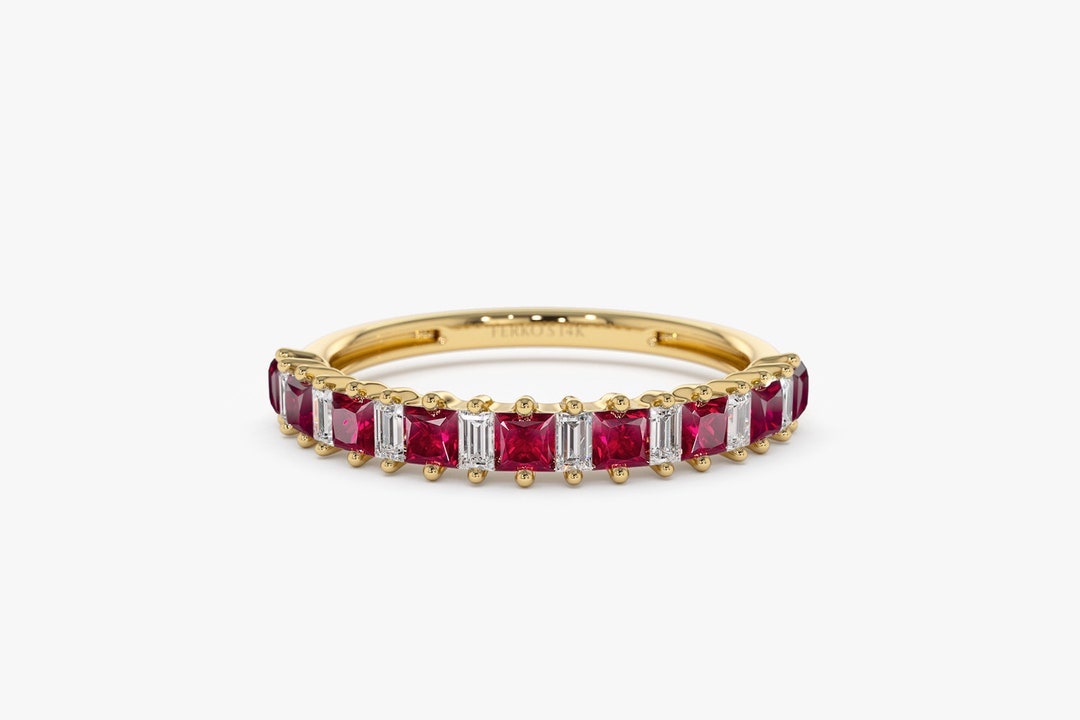 Ruby Ring / 14k Gold Unique Princess Cut Natural Ruby and Baguette ...