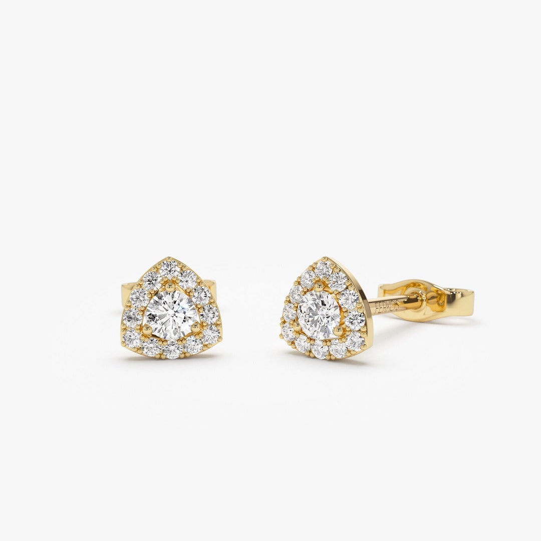 Diamond Studs, 14k Gold Triangle Halo Setting Diamond Studs, Petite ...