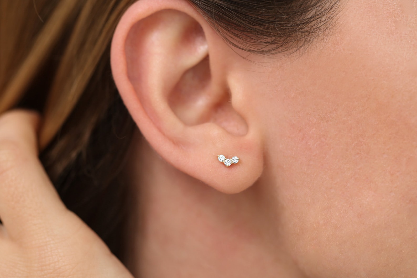 Tiny Diamond Studs / 14k Mini Trio Diamond Stud Earrings / V - Etsy