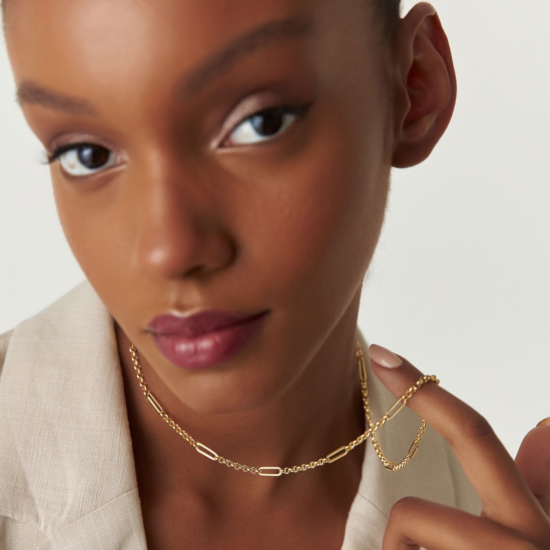 14K Gold Rolo Paperclip Long Chain Necklace, Paperclip Rolo Chain ...