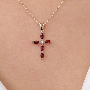 Ruby Cross Necklace / 14k Gold Genuine Ruby and Diamond Pendant / July ...