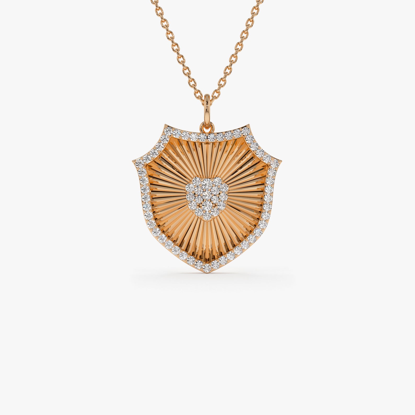 Diamond Charm / 14k Gold Diamond Shield Medallion Pendant / Sunburst ...