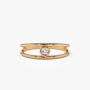 14k Gold Double Band Bezel Setting Diamond Solitaire Ring / Dual Band Wedding Ring / 14K Gold ...