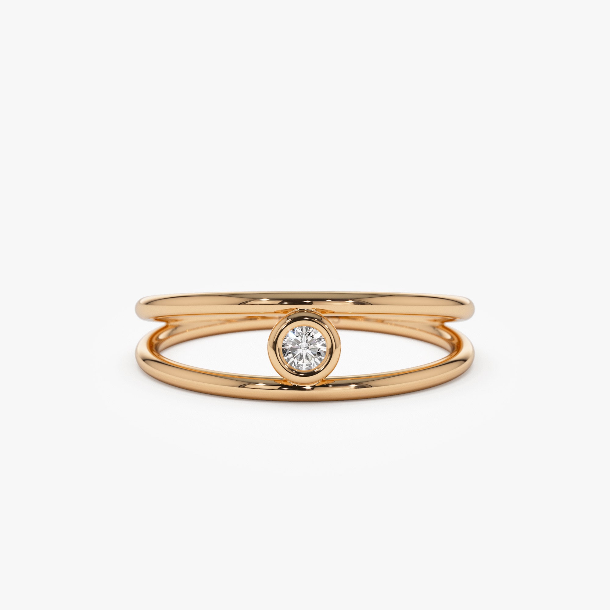 14k Gold Double Band Bezel Setting Diamond Solitaire Ring / Dual Band ...