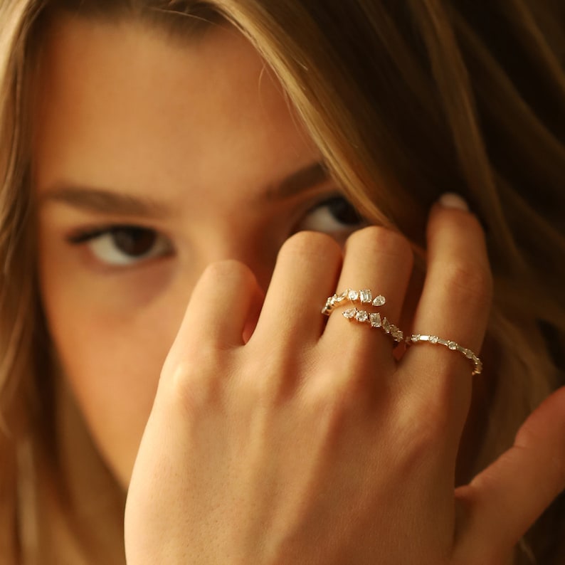 Mix Diamond Ring / 14k Solid Gold Cross Over Mix Diamond Ring - Etsy