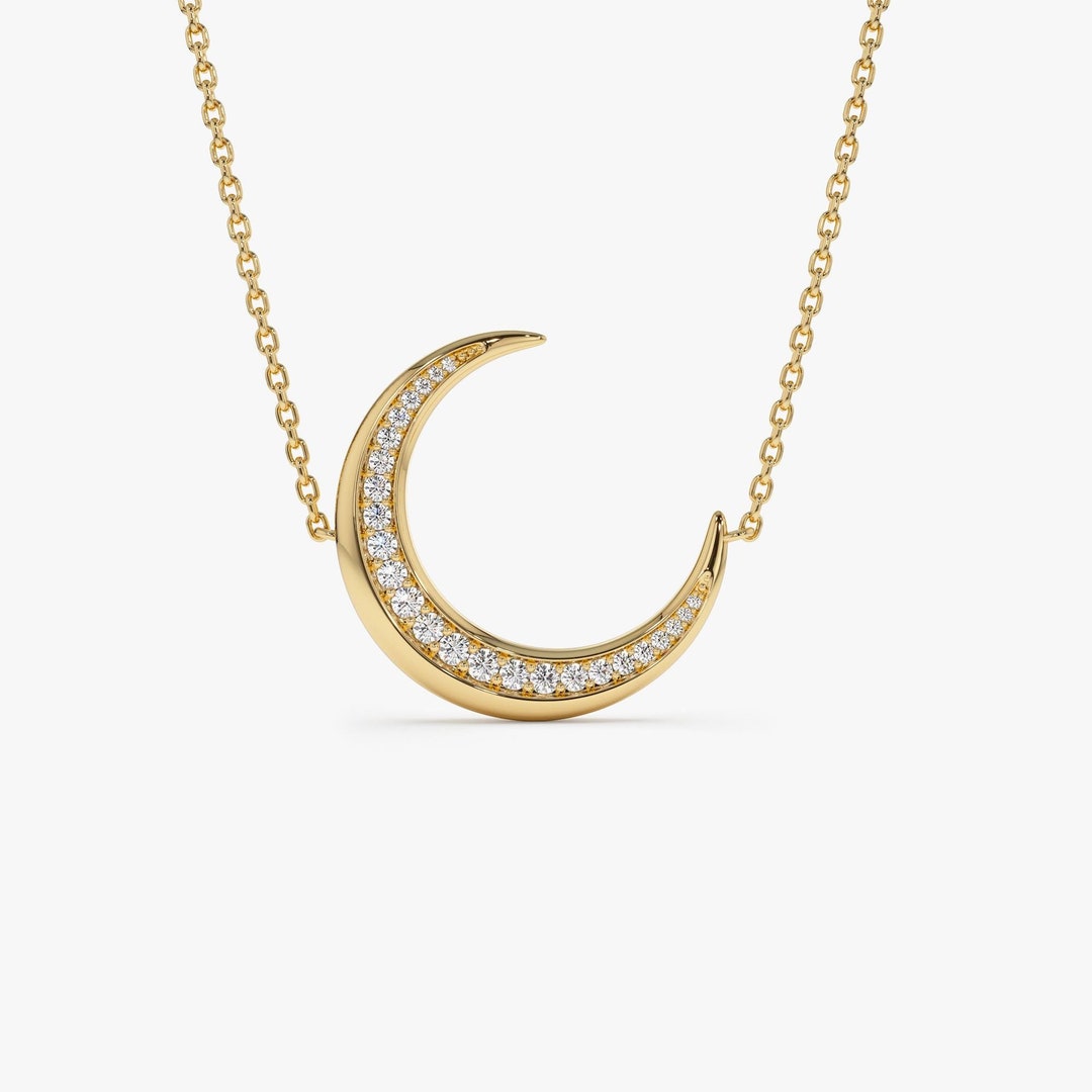 Diamond Crescent Moon Necklace, 14K Gold 0.25 Ctw Minimalist Layering ...