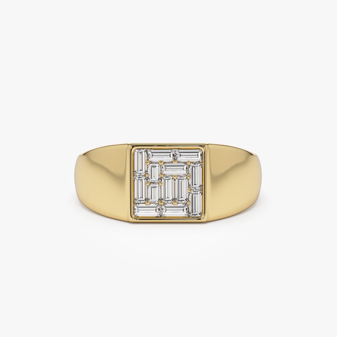 14K Gold Pinky Ring, Baguette Diamond Promise Ring, Square Illusion ...