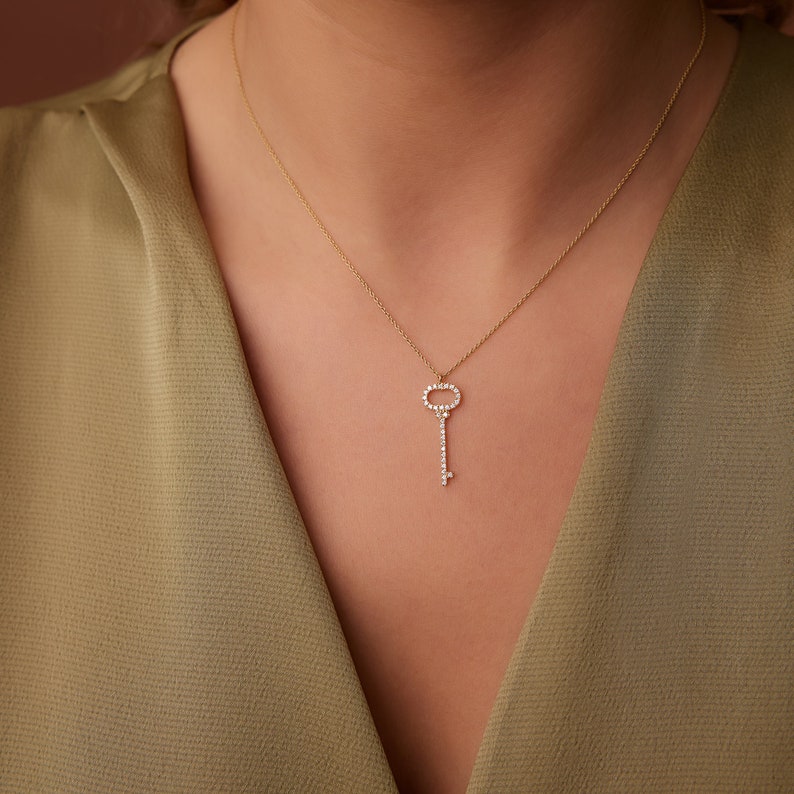 Key Necklace / Diamond Key Pendant / Diamond Necklace / Dainty Key ...