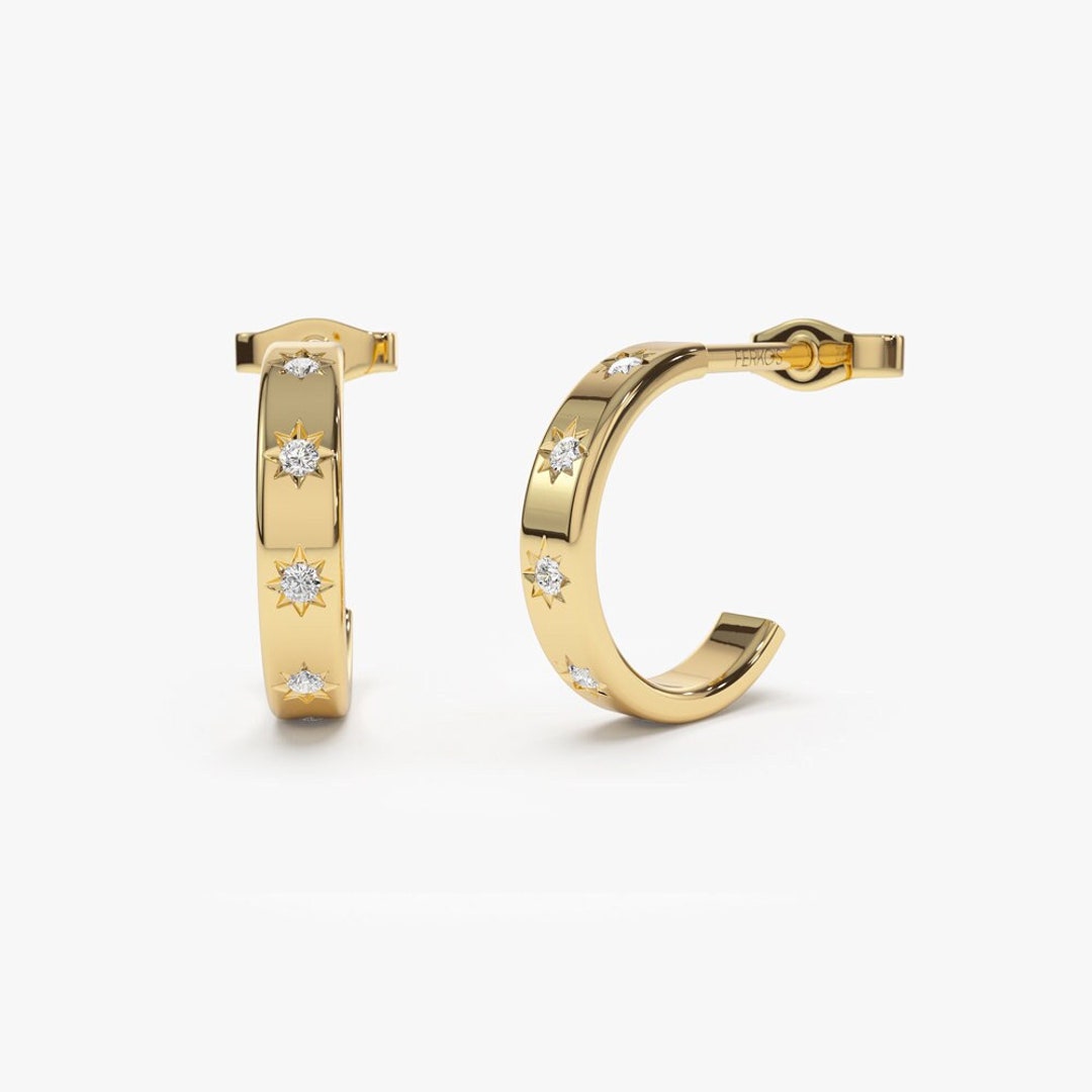 Star Setting Diamond Earring / 14k Gold Diamond Hoop Earrings ...