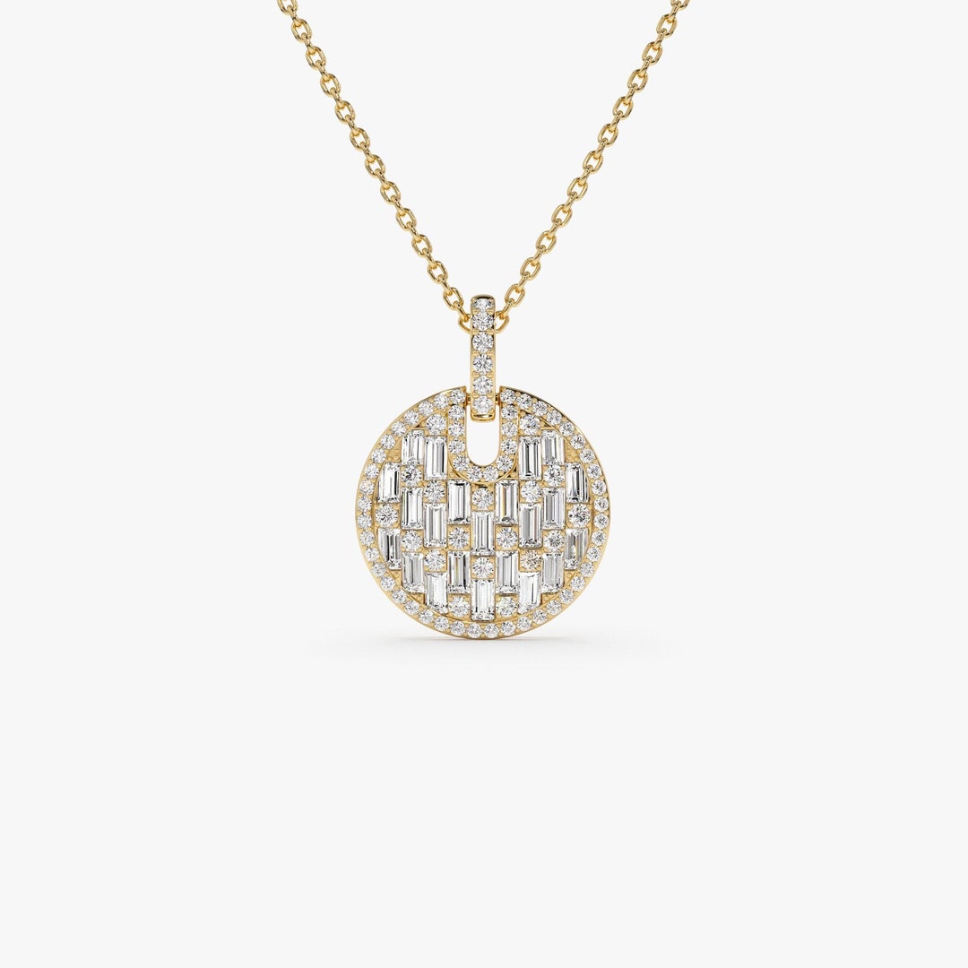 Baguette Diamond Necklace, 14k Gold Baguette Diamond Cluster Disc ...